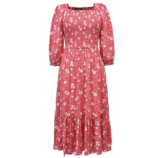 SMART AND JOY Smocks Fla Dress With Flower Print - Red