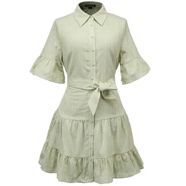 SMART AND JOY Fit-and-flare Tiered Ruffles Mini Shirt-dress Mint - Green