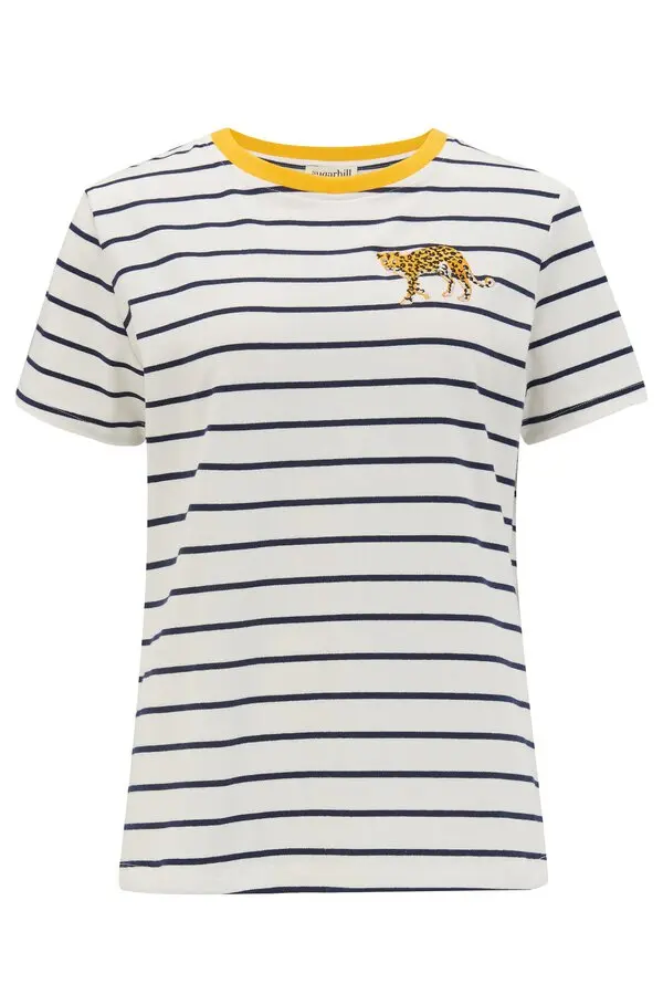 SUGARHILL BRIGHTON Maggie T-shirt, Off Navy, Leopard Embroidery - White