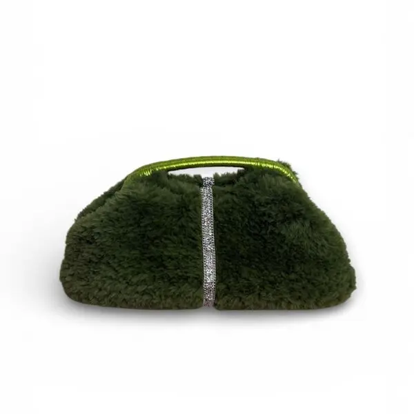 SPRINGMOONATELIER Handmade Plush Clutch Bag With Crystal Accent – Limited Edition Winter Luxury - Green