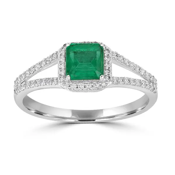 ARTISAN White / Green Emerald-cut Emerald Split Shank Halo Ring In 18k White Gold - White/green