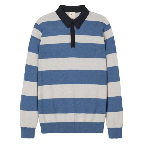 SALTS CASHMERE Long Sleeved Rugby Stripe Polo Shirt Denim Blue & Silver - Blue/gray