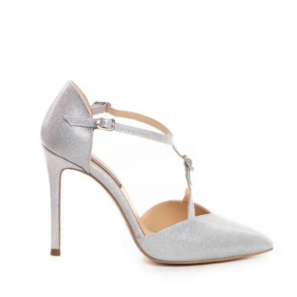 THE 5TH ELEMENT Silver / White Freya T-strap Pumps In Silver Glitter Leather - Silver/white