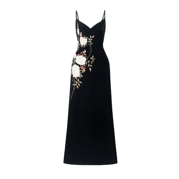 SILK AND BEARS Hand-embroidered Rose Silk Velvet Evening Dress - Black