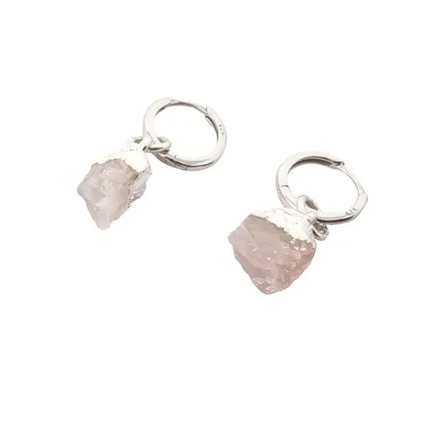 HARFI Raw Rose Quartz Sterling Silver Round Huggies - Pink