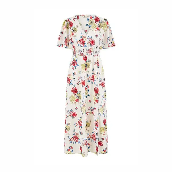 YUMI Floral Recycled Fabric Ruched Waist Midi Dress - White
