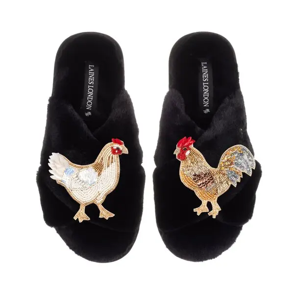 LAINES LONDON Classic Laines Slippers With Chicken & Rooster Brooches - Black