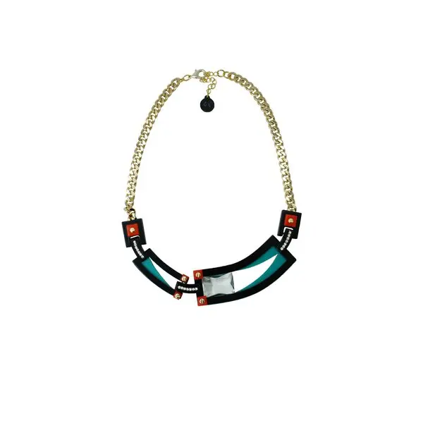 GISSA BICALHO Handmade Acrylic Necklace Deco Choker Rectangular Cut Stone Turquoise - Blue