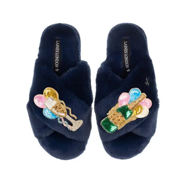 LAINES LONDON Classic Laines Slippers With Birthday Bubbles Brooches Navy - Blue