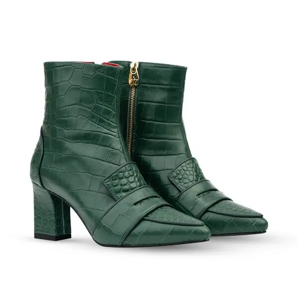 ROSAMUND MUIR LONDON Luciana Crocodile Print Loafer Boots - Green