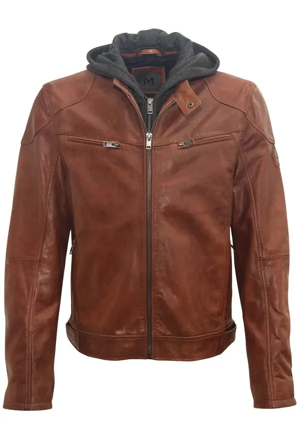 Mauritius Removable Hood Leather Jacket Biko Cognac - Brown
