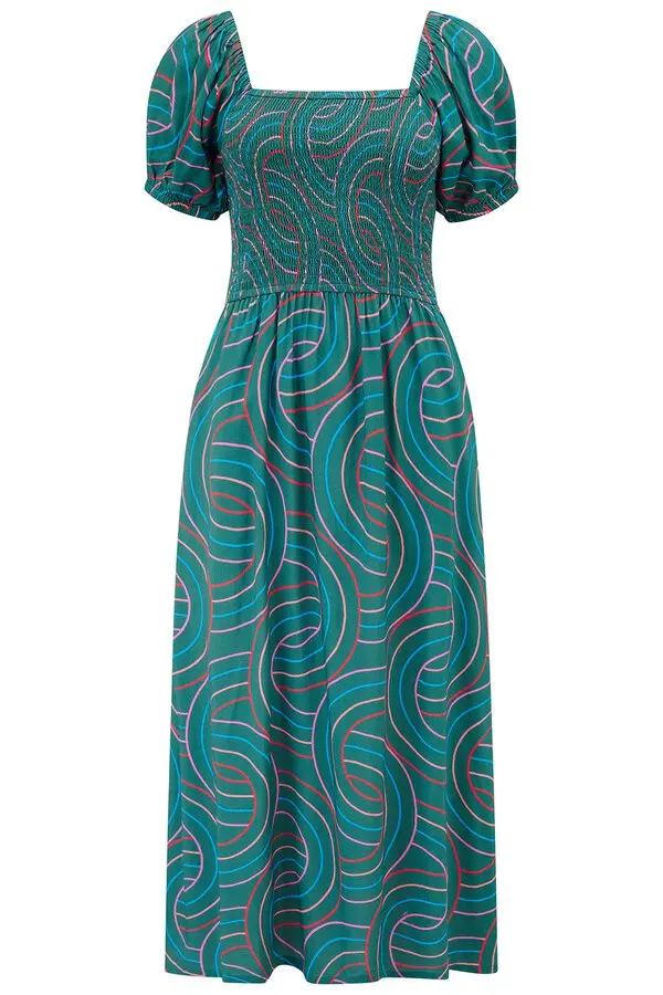 SUGARHILL BRIGHTON Jolene Shirred Midi Dress Concentric Circles - Green