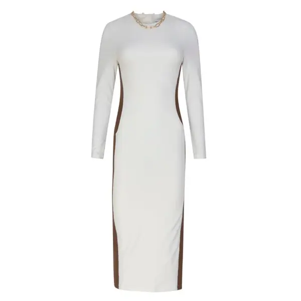 CIRCULAR PATH White / Brown Maxi Long Sleeve Side Action Dress White - White/brown