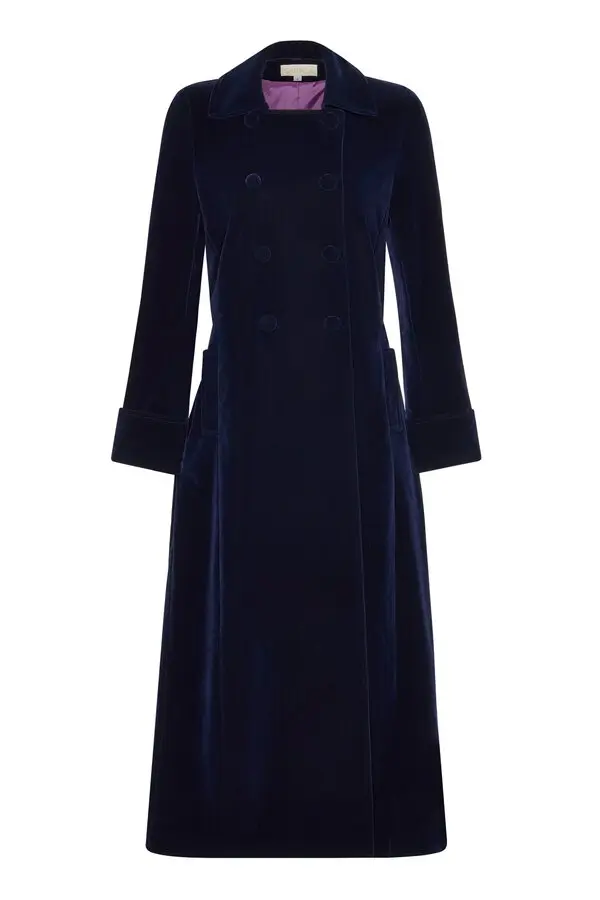 GUINEA Long Navy Velvet Coat Boho Glamour - Blue