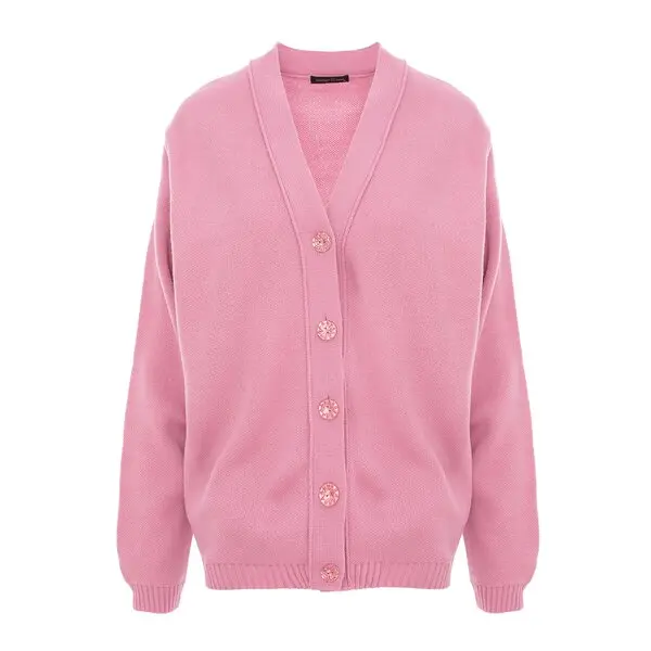 CONCEPT A TROIS V-neck Knitted Cardigan With Crystal Buttons - Pink