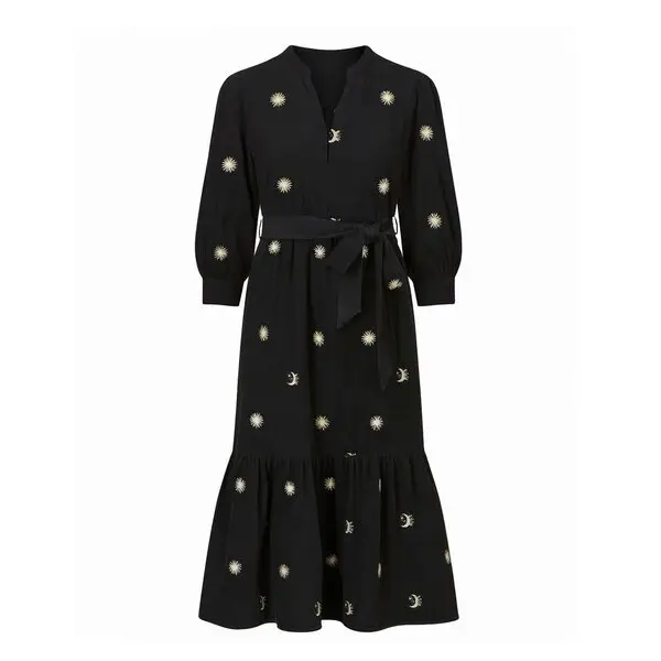 YUMI Cosmic Embroidery Cord Midi Shirt Dress - Black