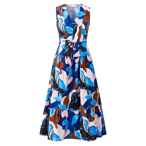 YUMI Cotton Floral Abstract Dropped Waist Midi Dress - Blue