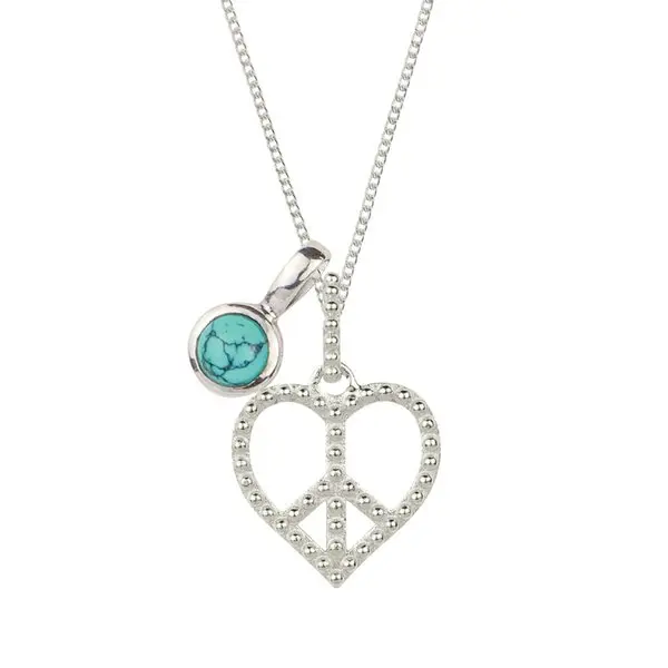 CHARLOTTE'S WEB JEWELLERY Peace Heart Necklace With Turquoise Birthstone Charm - Silver