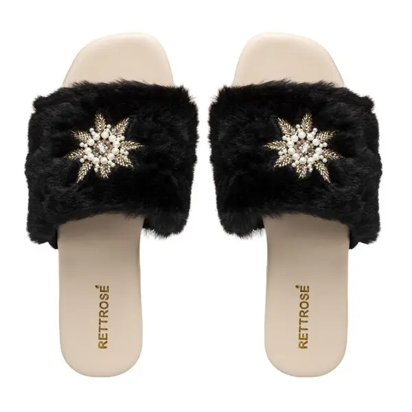 RETTROSE Taylor Luxury Plush Diamanté Embellished Handmade Sliders - Black