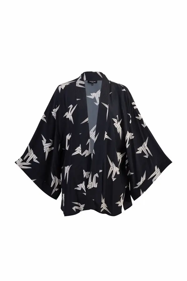 ARTEMIS MUSE Neutrals / Japanese Origami Bird Print & Ivory Short Light Weight Kimono - Black