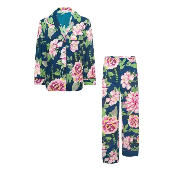 KATRO Broad Beach Pink Peonies Cotton Pajamas - Blue