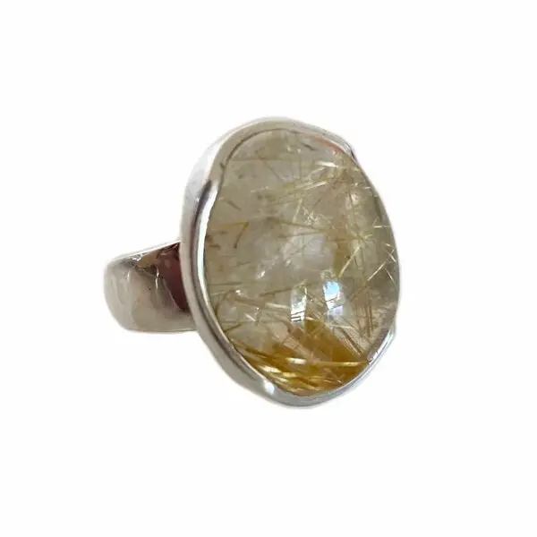 GLAMROCKS JEWELRY Rutilated Quartz Oval Statet Ring - Silver