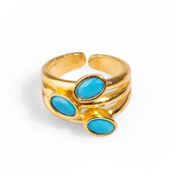 EBRU JEWELRY Gold / Blue Trio Turquoise Gemstone & Gold Stylish Adjustable Cocktail Ring Blue - Gold/blue
