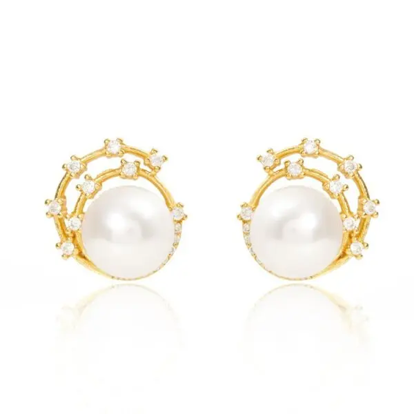 PEARLS OF THE ORIENT ONLINE Stella Cultured Freshwater Pearl Stud Earrings With Gold Sparkle Swirl - White