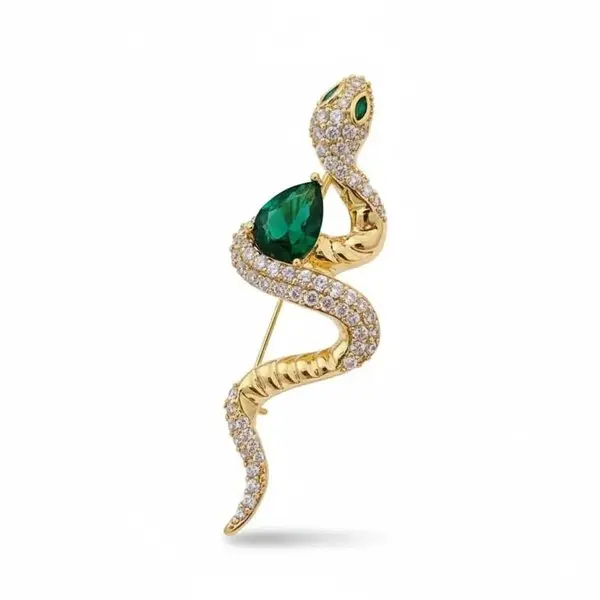 ANGEL BAROCCO Elegant Green Diamond Snake Brooch - Gold