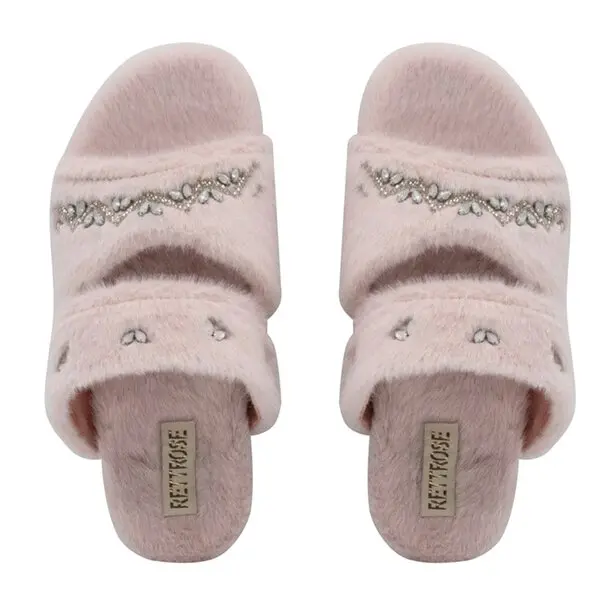 RETTROSE Abbie Dusky Luxury Plush Diamanté Embellished Handmade Slipper - Pink