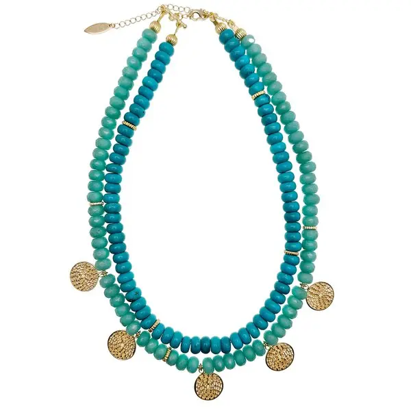 FARRA Blue / White Turquoise & Amazonite Double Strands Coin Charm Statet Necklace - Blue/white