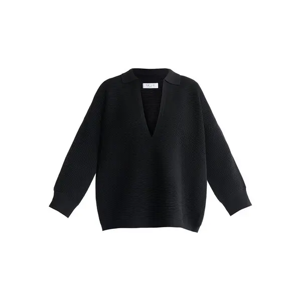 PAISIE Low Cut Polo Collar Ribbed Jumper - Black