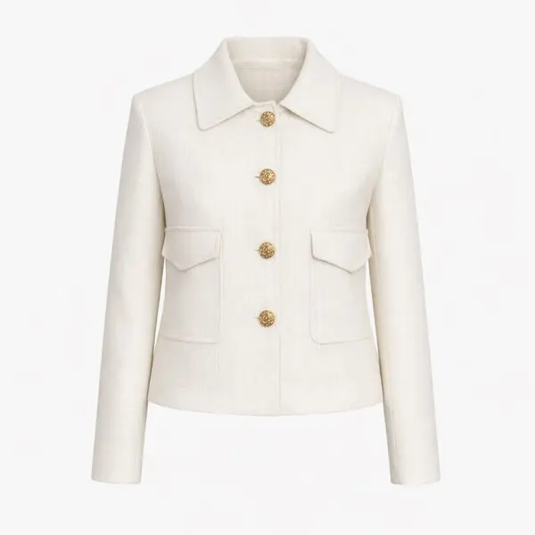 NUVV COLLECTION Brown Tweed Jacket With Gold Button - White