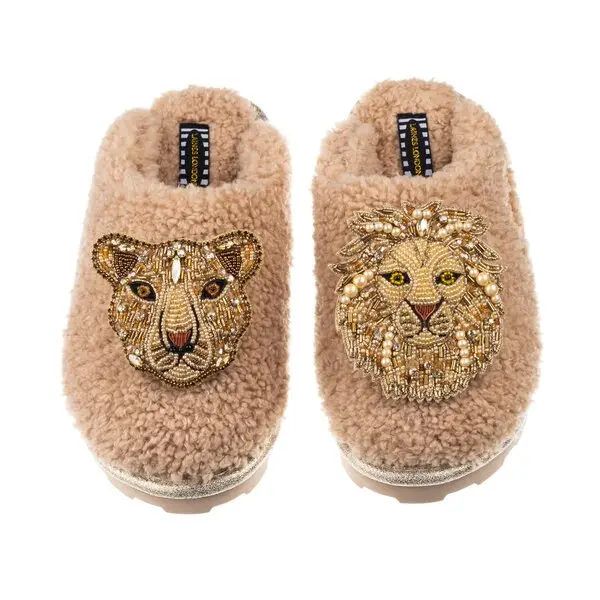LAINES LONDON Teddy Towelling Closed Toe Slippers With Artisan Gold Lion & Lioness Brooches Toffee - Brown
