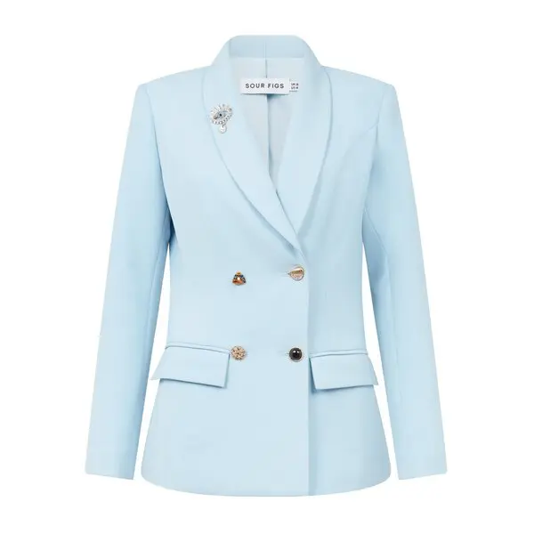 SOUR FIGS Evil Eye Brooch Tailored Blazer With Collector's Buttons In Powder - Blue