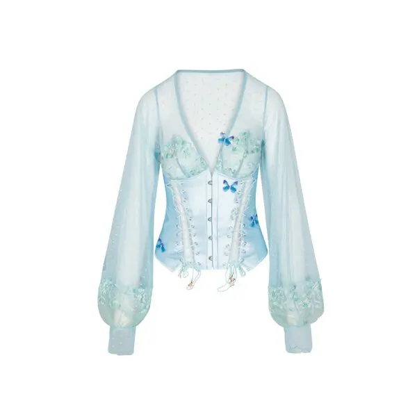 EMPRESS MIMI Madame X Lace Butterfly Corset With Butterfly Detail - Blue