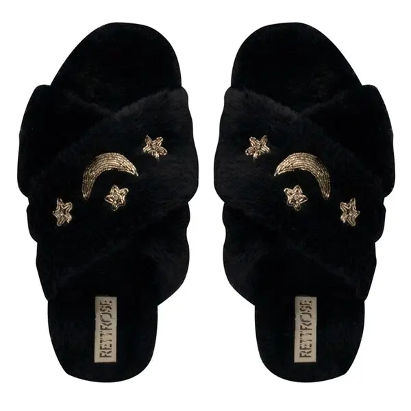 RETTROSE Isabel Luxury Plush Diamanté Embellished Handmade Slipper - Black