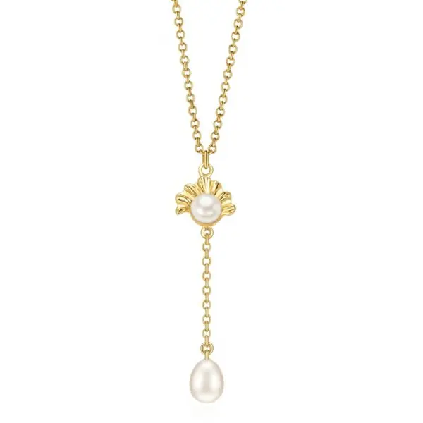 UNALOE Vermeil Marine Shell Necklace With Round & Teardrop Pearls – Sculpted Ocean Inspired Pendant, Textured Coastal Fine Jewellery - Gold