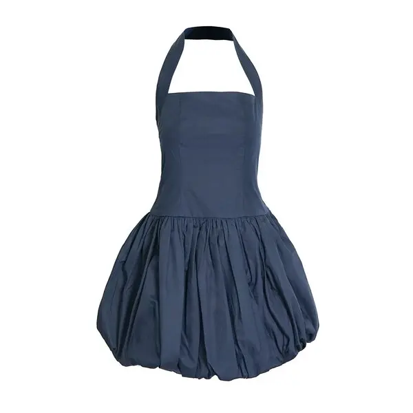 AMY LYNN Navy Pure Cotton Halterneck Mini Puffball Dress - Blue