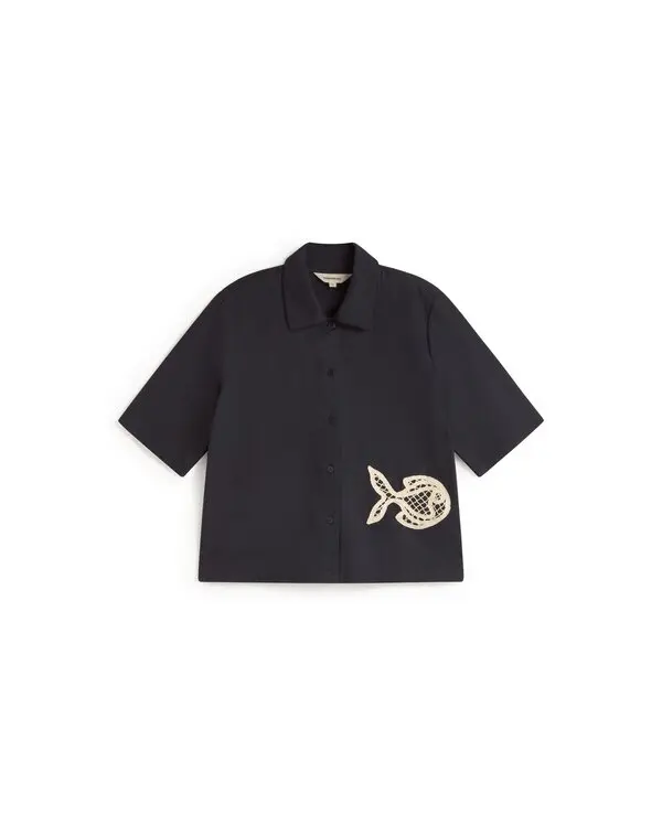 THINKING MU Blouse Patched Hand Embroidered Fish Ane - Blue