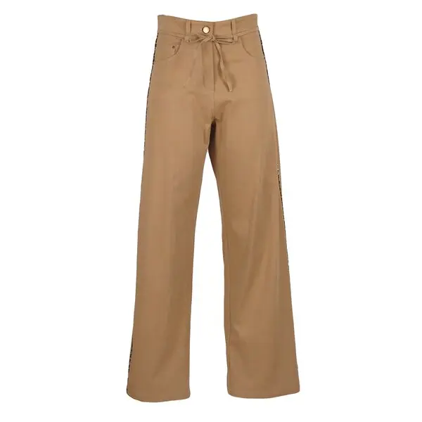 LALIPOP DESIGN Neutrals Wide-leg Tan Cotton Pants With Leopard Piped Trim - Brown