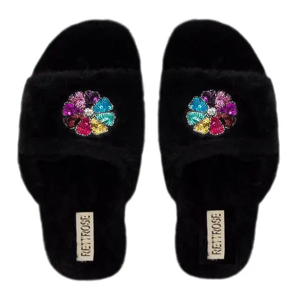 RETTROSE Marnie Luxury Plush Diamanté Embellished Handmade Slipper - Black
