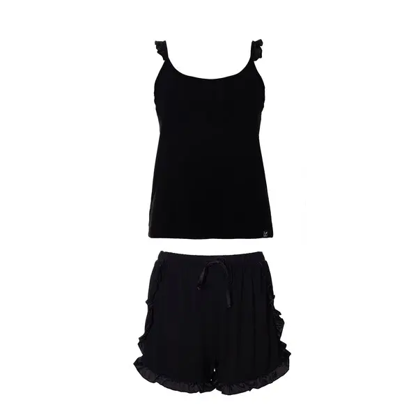 PRETTY YOU Bamboo Frill Cami Short Pyjama Set - Black