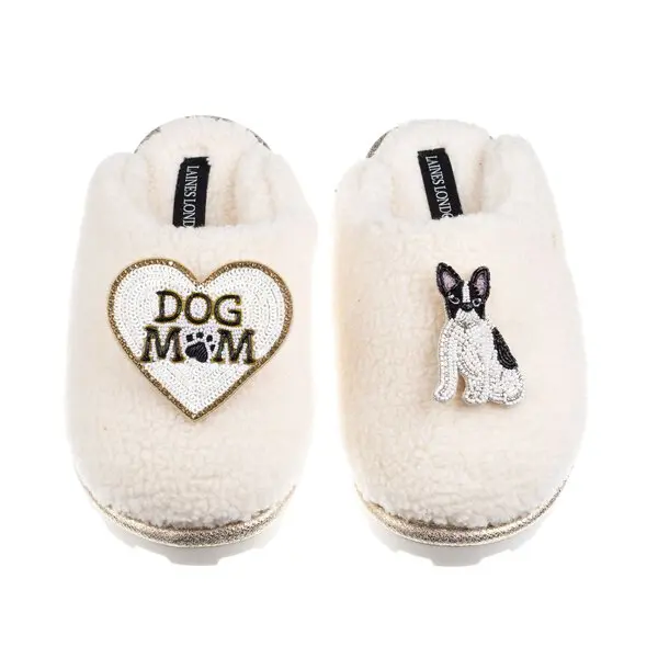 LAINES LONDON Neutrals / Teddy Closed Toe Slippers With Dog Mum/mom & Black/ Sitting French Bulldog Cream - White