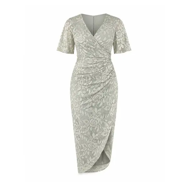 GIRL IN MIND Natasha Angel Sleeve Wrap Midi Dress In Sage Lace - Green