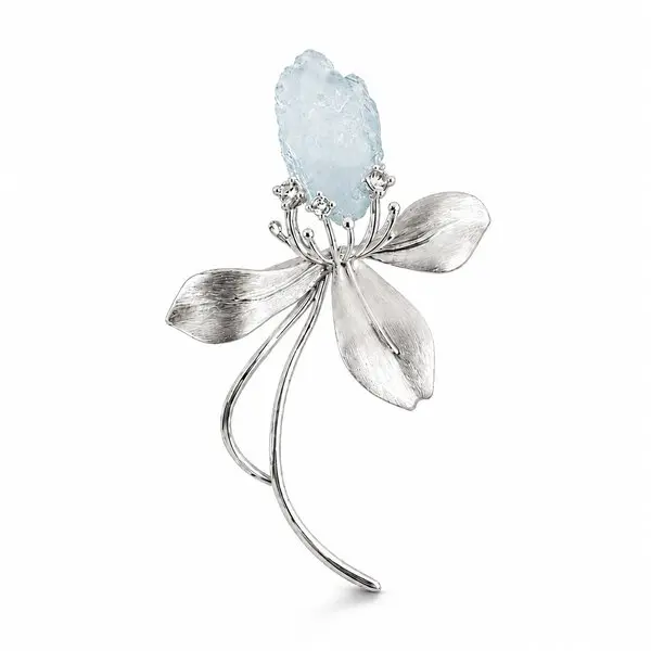 ORMIRO Wild Iris & Aquamarine Brooch - Silver