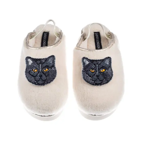 LAINES LONDON Gold / Neutrals / White Flatform Cloud Slippers With Double Black British Shorthair Cat Brooches Cream - Gold/white