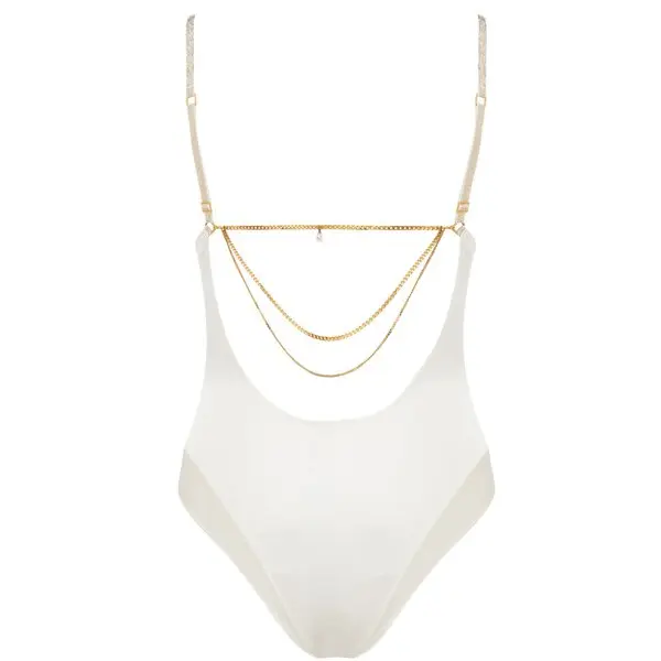 SAETA PARIS Neutrals / Gold / White Satin Silk & Jewelry Bodysuit Ivory & Gold Ayda - Gold/white