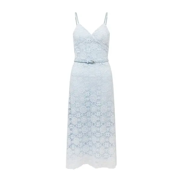 SOUR FIGS Floral Guipure Lace Belted Midi Dress In Powder - Blue