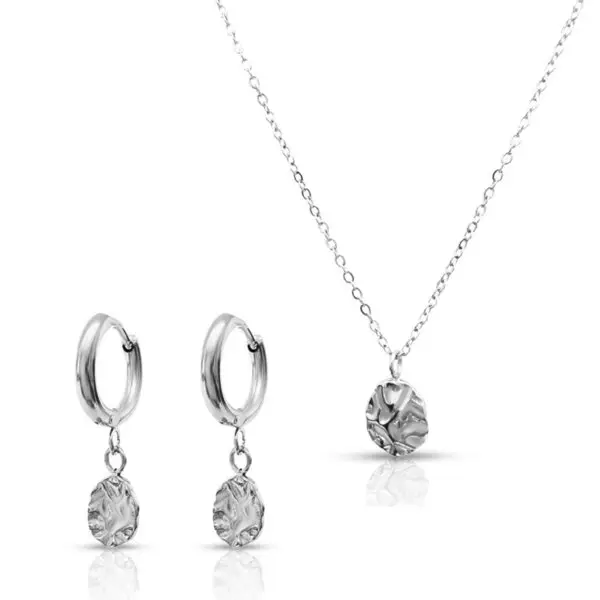 EVER JEWELLERY Harmony Huggie Hoop Earrings + Pendant Necklace Bundle Set - Silver